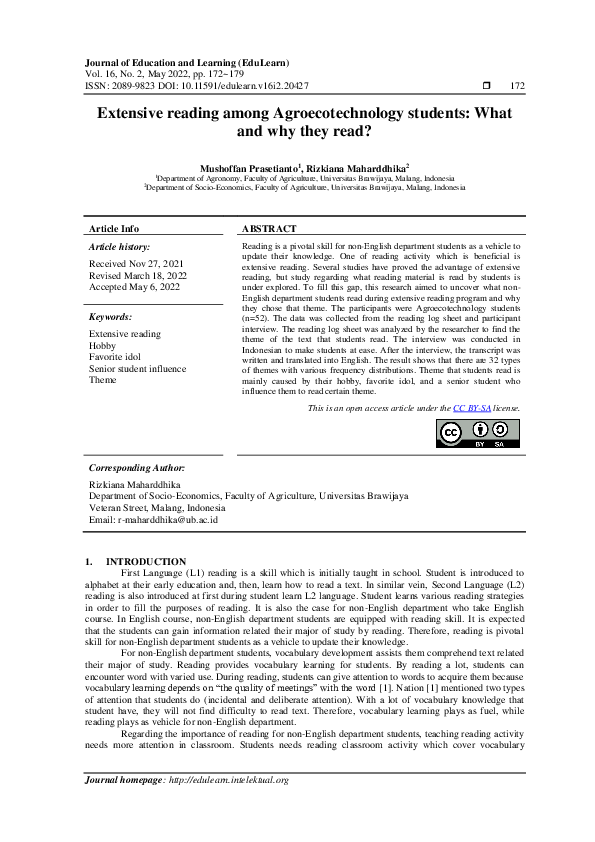 (PDF) Extensive reading among Agroecotechnology students: What and why ...