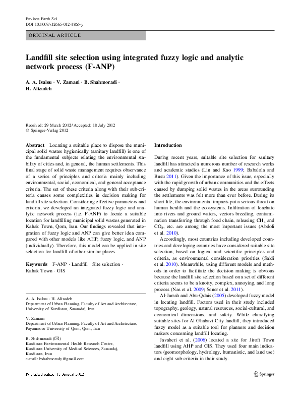 Pdf Landfill Site Selection Using Integrated Fuzzy Logic And Analytic