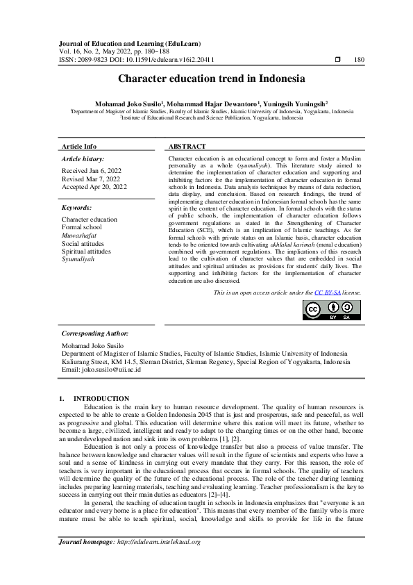 (PDF) Character education trend in Indonesia