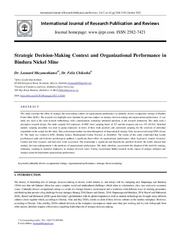 (PDF) Strategic Decision-Making Context and Organizational Performance in Bindura Nickel Mine