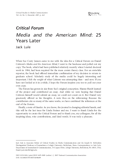 (PDF) Media and the American Mind : 25 Years Later