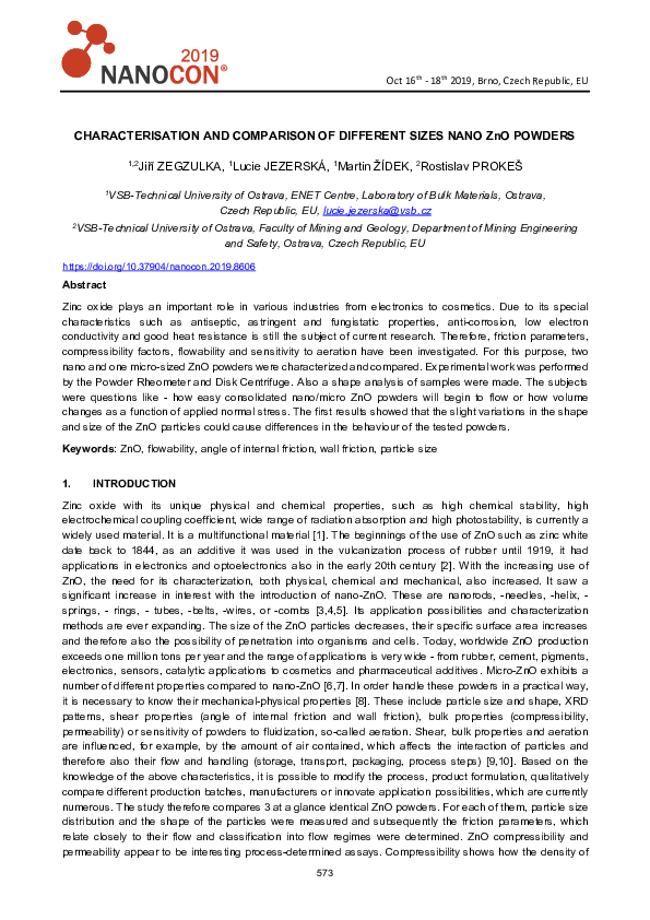 (PDF) CHARACTERISATION AND COMPARISON OF DIFFERENT SIZES NANO ZnO POWDERS | Martin Žídek ...