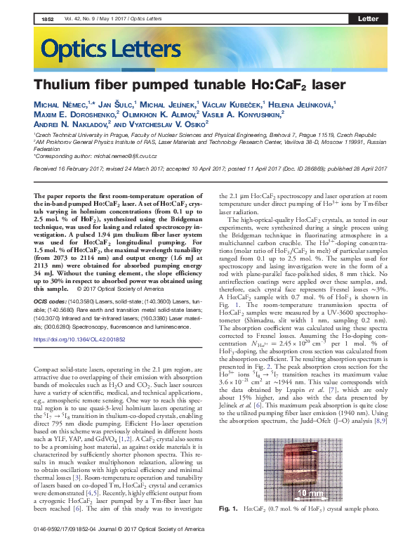 (PDF) Thulium fiber pumped tunable Ho:CaF_2 laser | Maxim Doroshenko ...