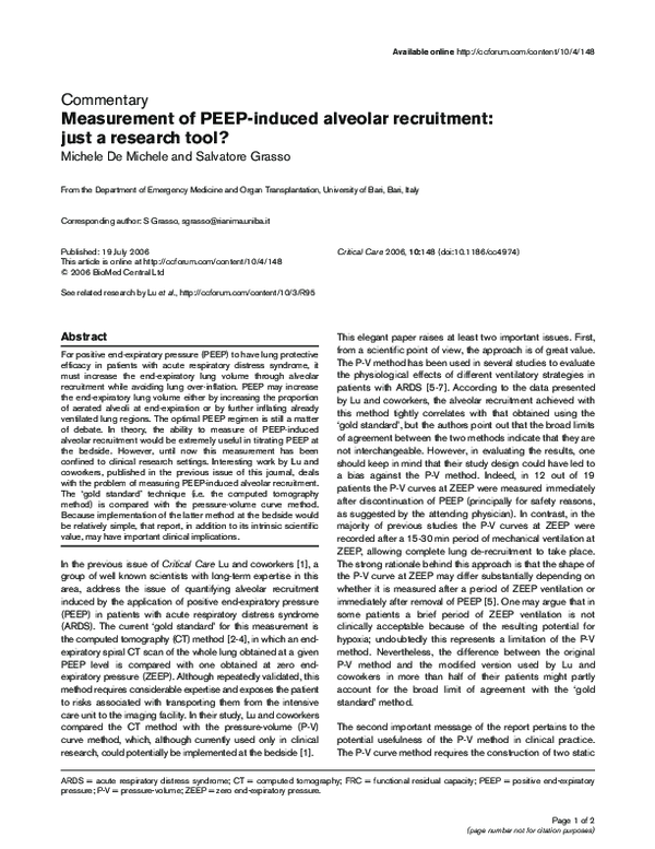 (PDF) Measurement of PEEP-induced alveolar recruitment: just a research ...
