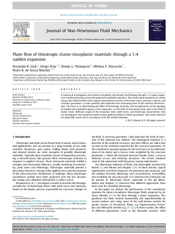 (PDF) Plane flow of thixotropic elasto-viscoplastic materials through a 1:4 sudden expansion