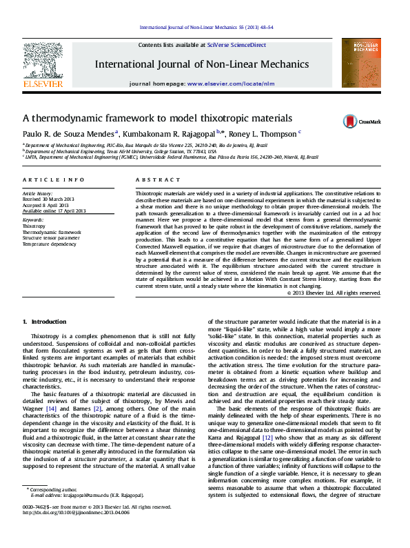 (PDF) A thermodynamic framework to model thixotropic materials