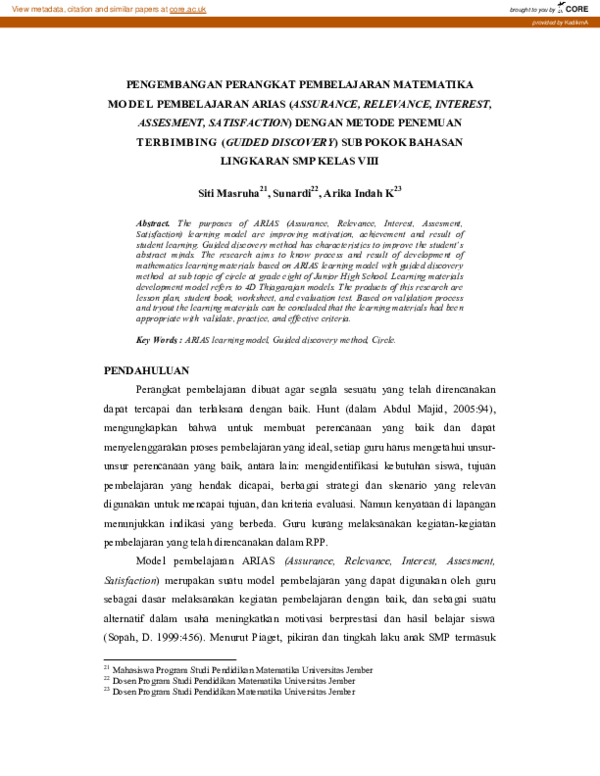 (PDF) Pengembangan Perangkat Pembelajaran Matematika Model Pembelajaran Arias (Assurance ...