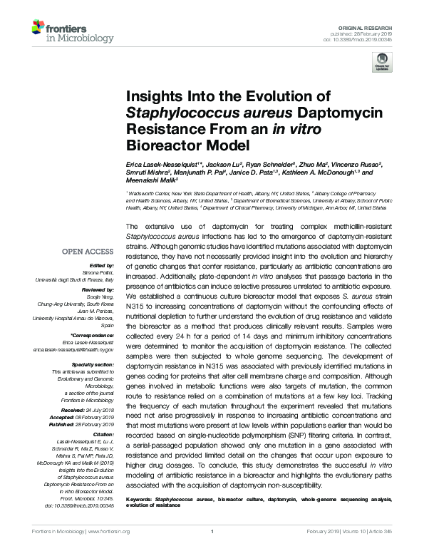 (PDF) Insights Into the Evolution of Staphylococcus aureus Daptomycin Resistance From an in ...
