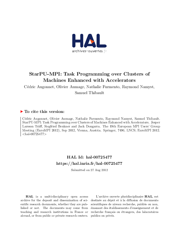 (PDF) StarPU-MPI: Task Programming over Clusters of Machines Enhanced with Accelerators
