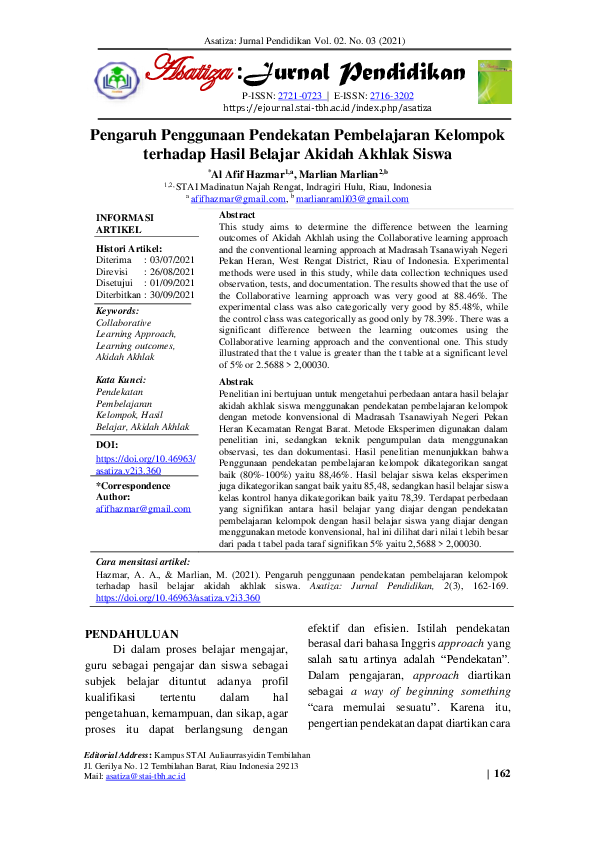 (PDF) Pengaruh Penggunaan Pendekatan Pembelajaran Kelompok terhadap Hasil Belajar Akidah Akhlak ...