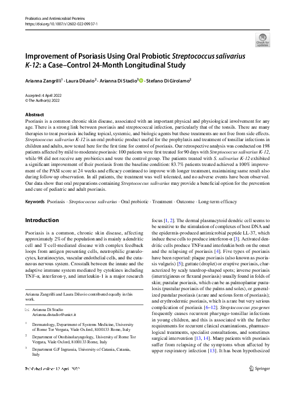 (PDF) Improvement of Psoriasis Using Oral Probiotic Streptococcus ...