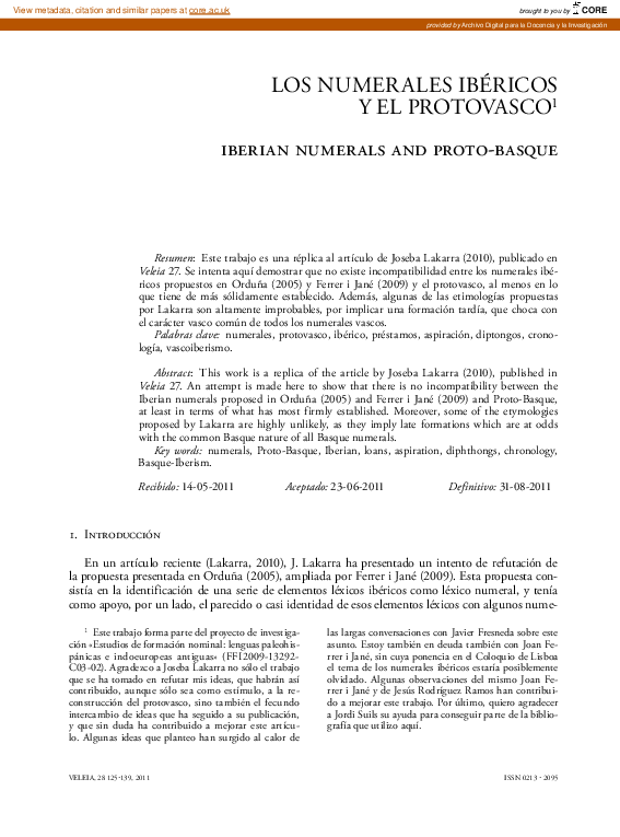 (PDF) Los numerales ibéricos y el protovasco