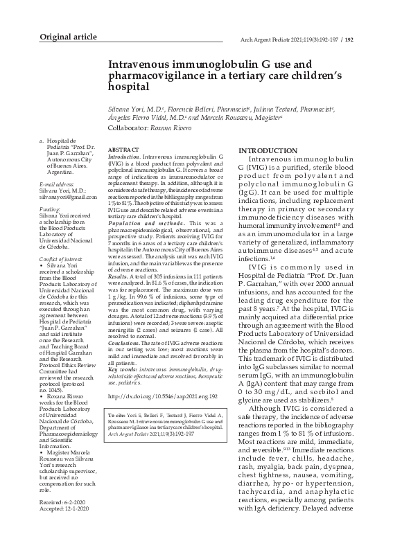 (PDF) Intravenous immunoglobulin G use and pharmacovigilance in a tertiary care children’s hospital