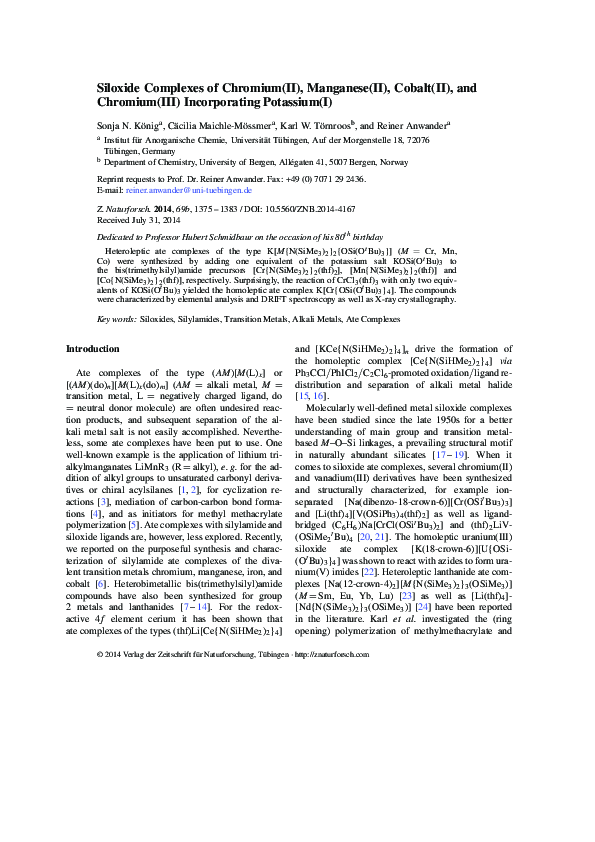 (PDF) Siloxide Complexes of Chromium(II), Manganese(II), Cobalt(II ...