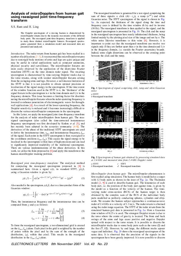 (PDF) Analysis of microDopplers from human gait using reassigned joint time-frequency transform