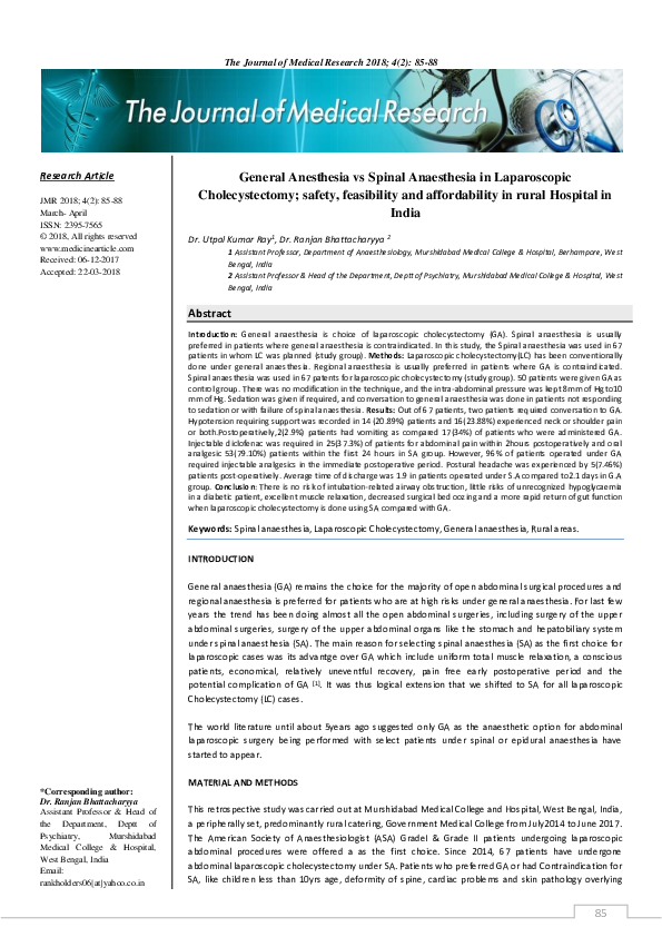 (PDF) General Anaesthesia vs Spinal Anaesthesia in Laparoscopic ...