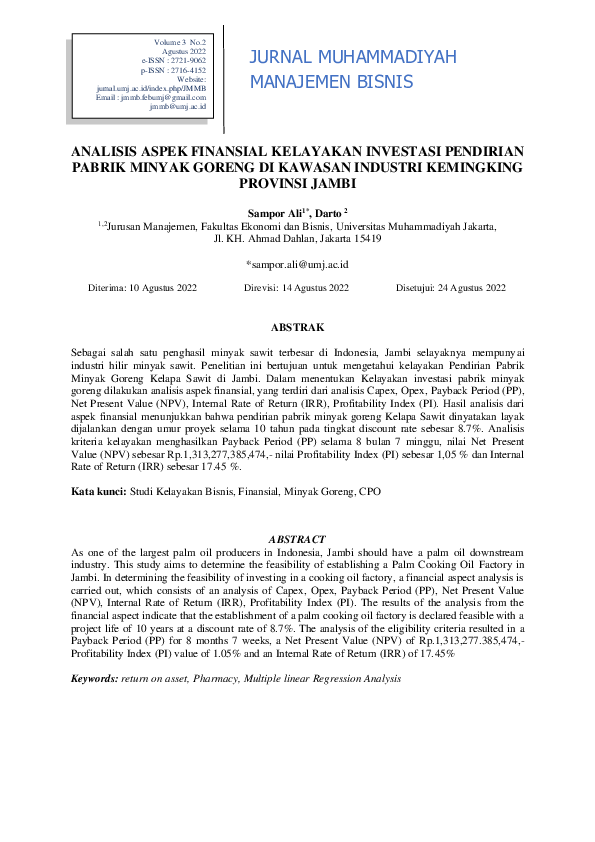 (PDF) Analisis Aspek Finansial Kelayakan Investasi Pendirian Pabrik ...