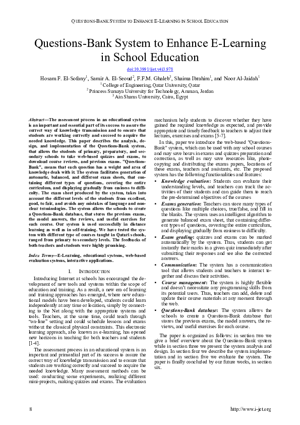 (PDF) Questions-Bank System to Enhance E-Learning in School Education