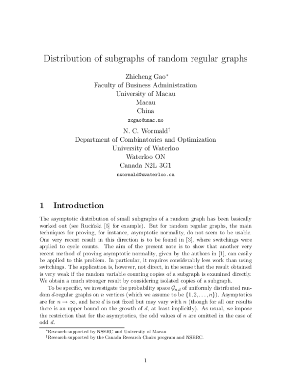 (PDF) Distribution of subgraphs of random regular graphs