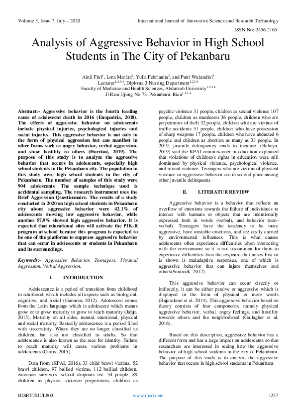 (PDF) Analysis of Aggressive Behavior in High School Students in The ...