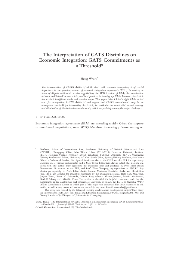 (PDF) The Interpretation of GATS Disciplines on Economic Integration ...