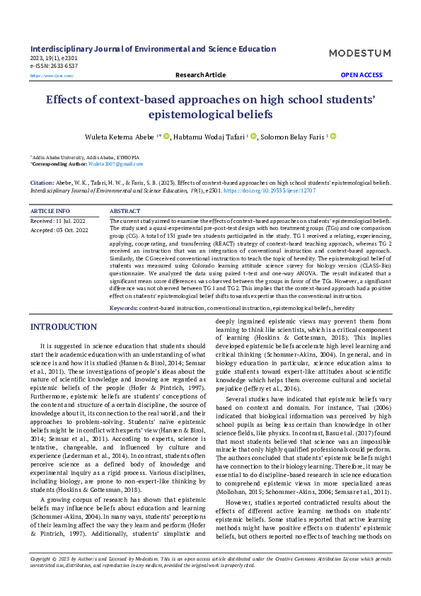 (PDF) Context-Based Teaching and High School Students' Beliefs