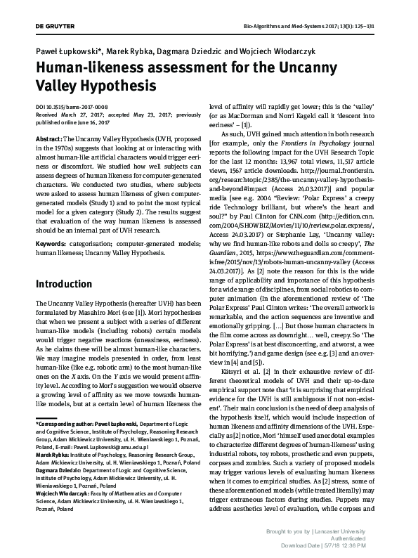 Pdf Human Likeness Assessment For The Uncanny Valley Hypothesis