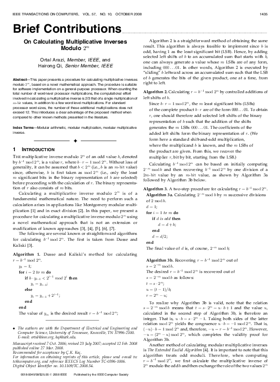 Pdf On Calculating Multiplicative Inverses Modulo 2 M