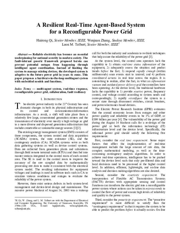 Pdf A Resilient Real Time Agent Based System For A Reconfigurable Power Grid
