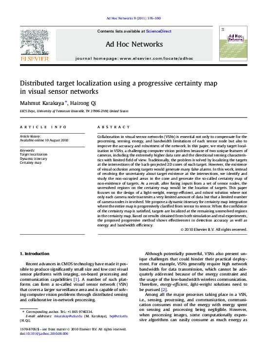 (PDF) Distributed target localization using a progressive certainty map in visual sensor networks