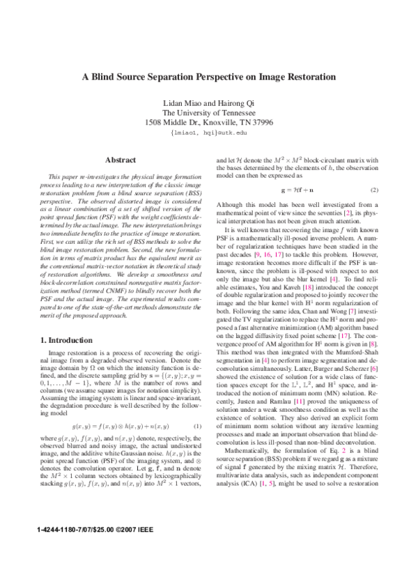Pdf A Blind Source Separation Perspective On Image Restoration Hairong Qi 