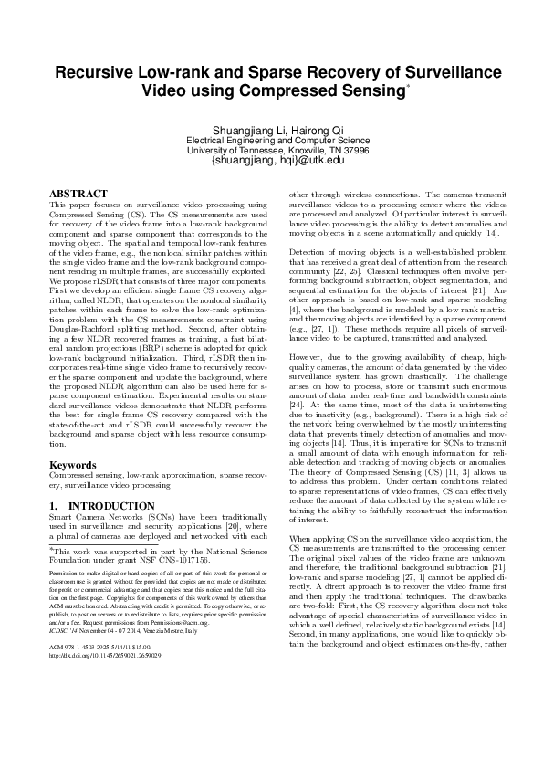 (PDF) Recursive Low-rank and Sparse Recovery of Surveillance Video using Compressed Sensing