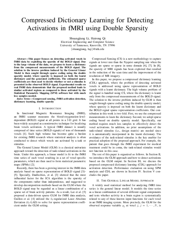Pdf Compressed Dictionary Learning For Detecting Activations In Fmri Using Double Sparsity