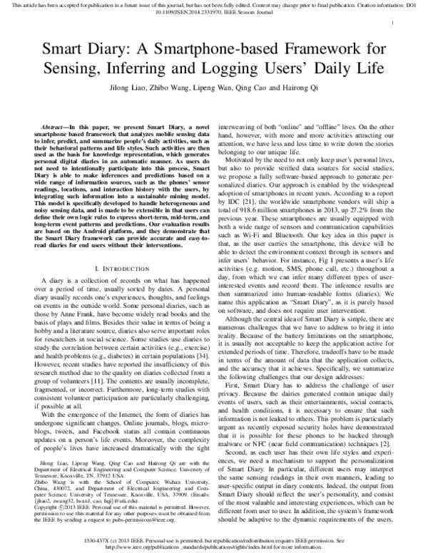 (PDF) Smart Diary: A Smartphone-based Framework for Sensing, Inferring and Logging Users’ Daily Life