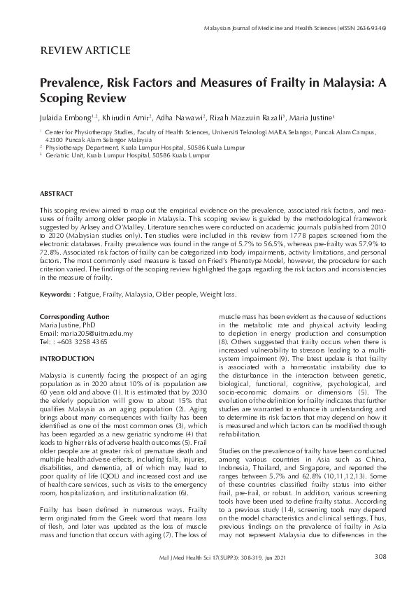 (PDF) Prevalence, Risk Factors and Measures of Frailty in Malaysia: A ...