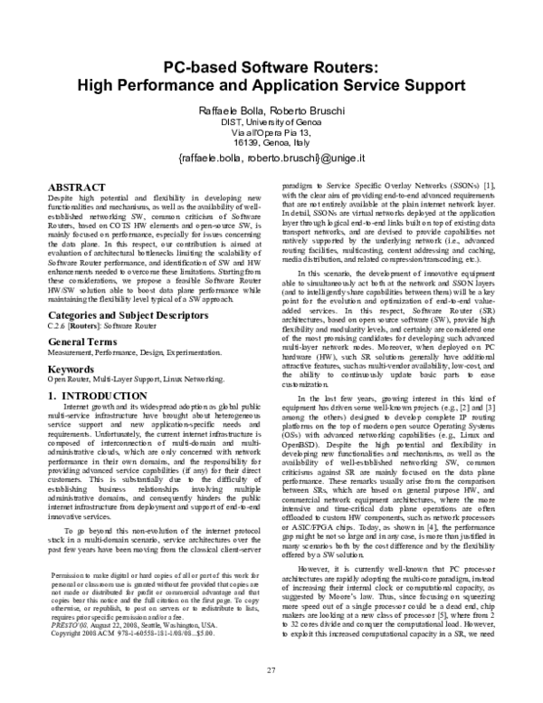 (PDF) Pc-based software routers: High performance and application service support | Raffaele ...