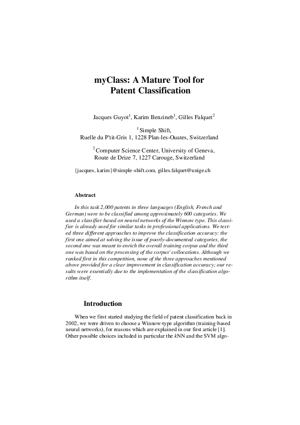 (PDF) myClass: A Mature Tool for Patent Classification