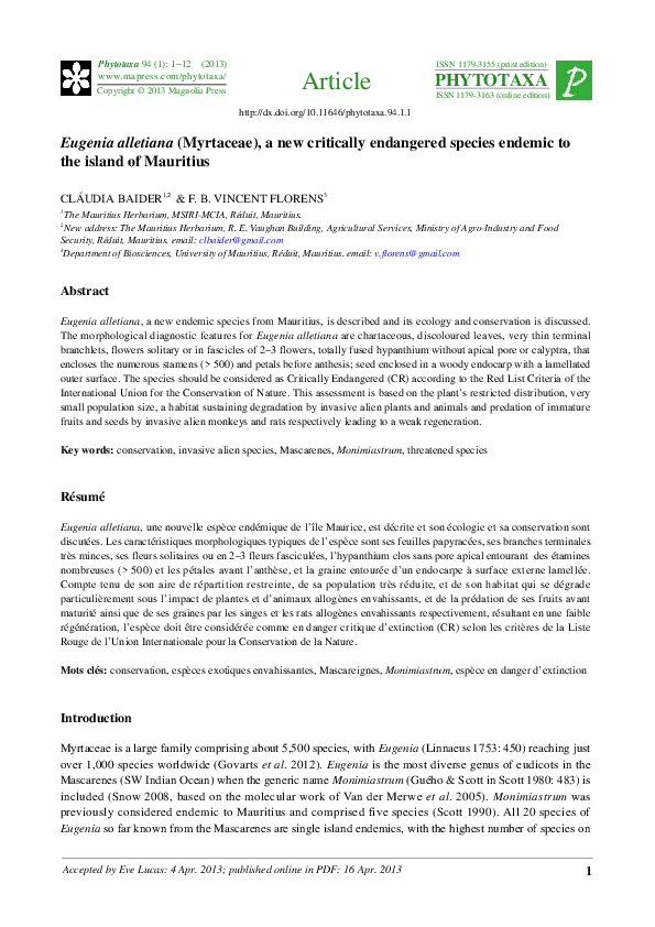 (PDF) Eugenia alletiana (Myrtaceae), a new critically endangered ...