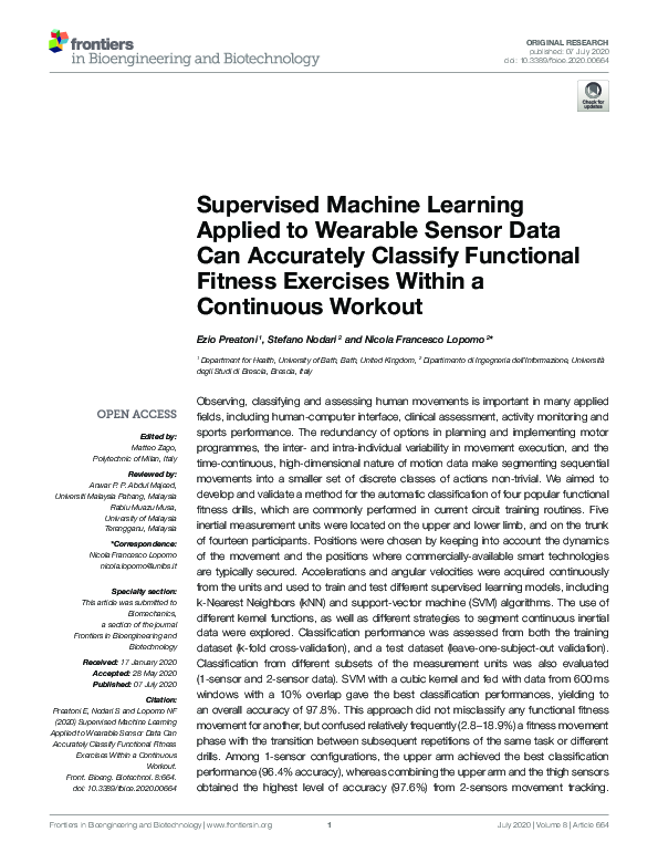 (PDF) Supervised Machine Learning Applied to Wearable Sensor Data Can Accurately Classify ...