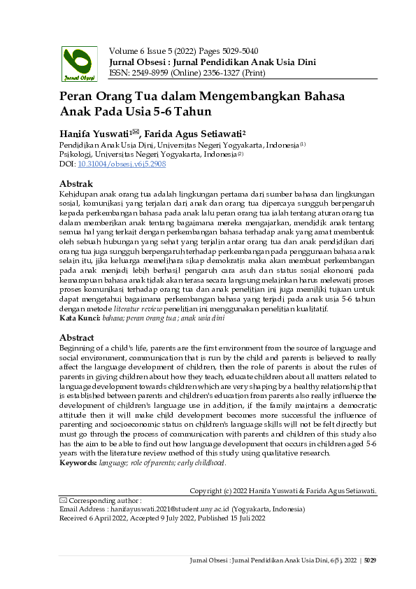 (PDF) Peran Orang Tua dalam Mengembangkan Bahasa Anak Pada Usia 5-6 Tahun