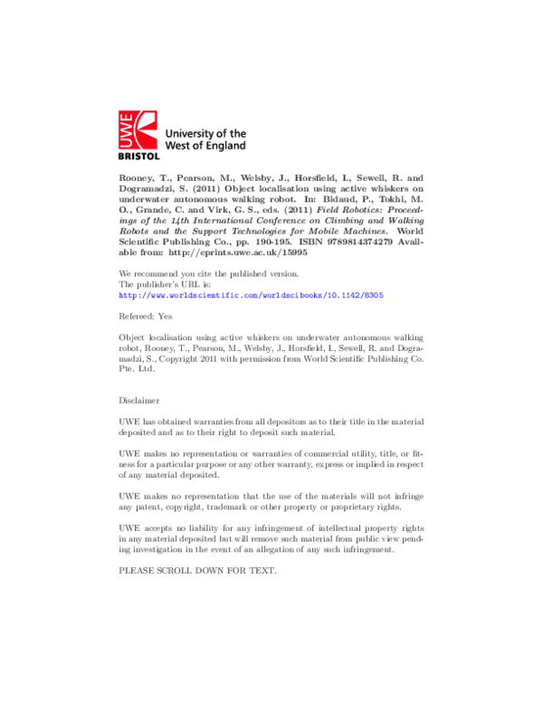 (PDF) Object Localisation Using Active Whiskers on Underwater Autonomous Walking Robots