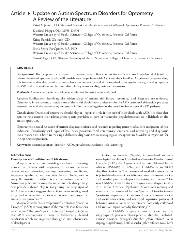 (PDF) Article 4 Update on Autism Spectrum Disorders for Optometry: A ...