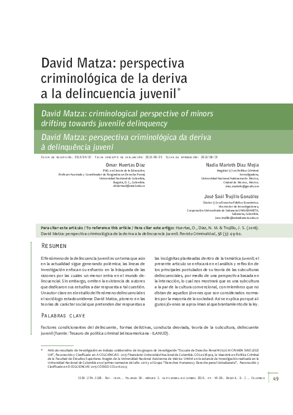 (PDF) David Matza: perspectiva criminológica de la deriva a la ...