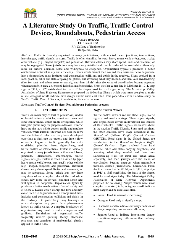 (PDF) A Literature Study on Traffic, Traffic Control Devices ...