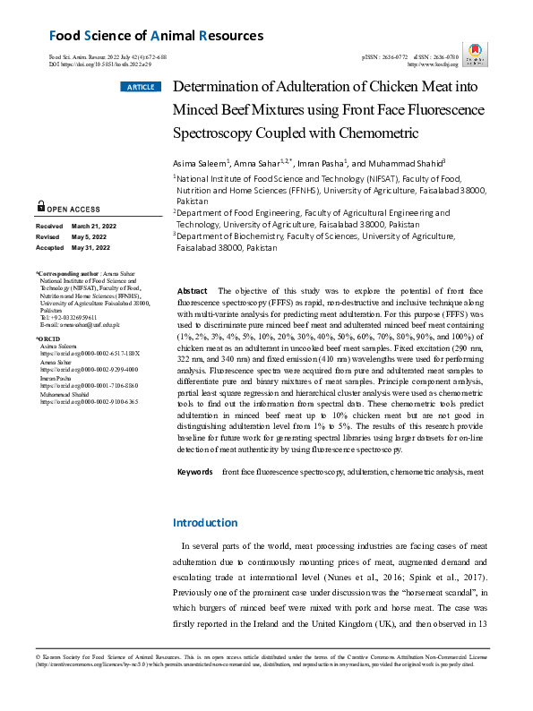 Pdf Determination Of Adulteration Of Chicken Meat Into Minced Beef