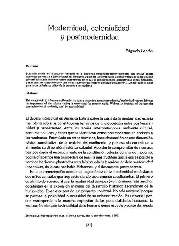 (PDF) Modernidad, colonialidad y postmodernidad