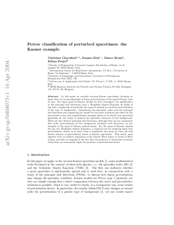 (PDF) Petrov classification of perturbed spacetimes: the Kasner example
