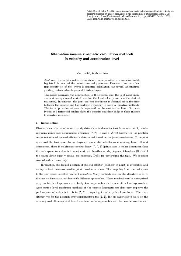 Pdf Alternative Inverse Kinematic Calculation Methods In Velocity And Acceleration Level