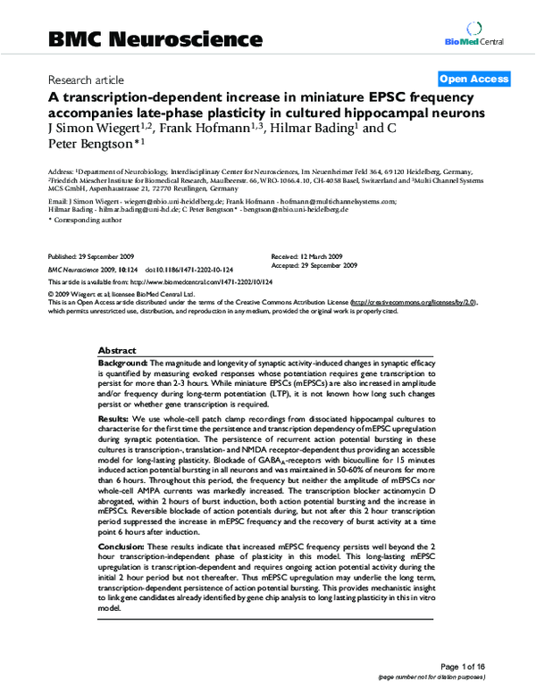(PDF) A transcription-dependent increase in miniature EPSC frequency ...