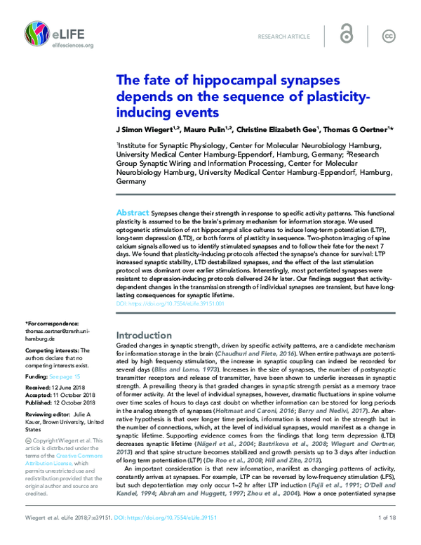 (PDF) The fate of hippocampal synapses depends on the sequence of ...